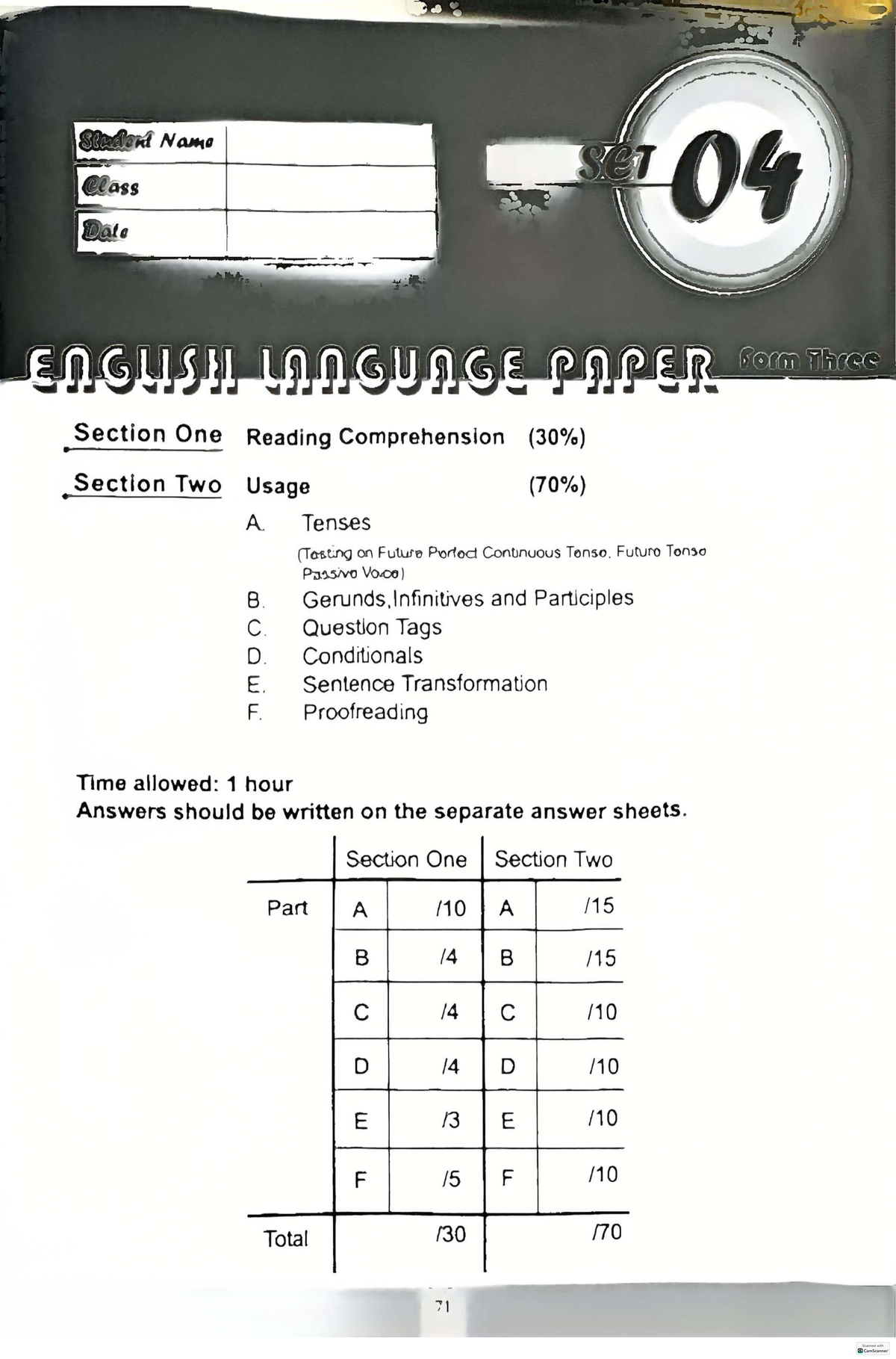 F3 English Mock Paper: Set 04 - Reading Comprehension & Usage - Studocu
