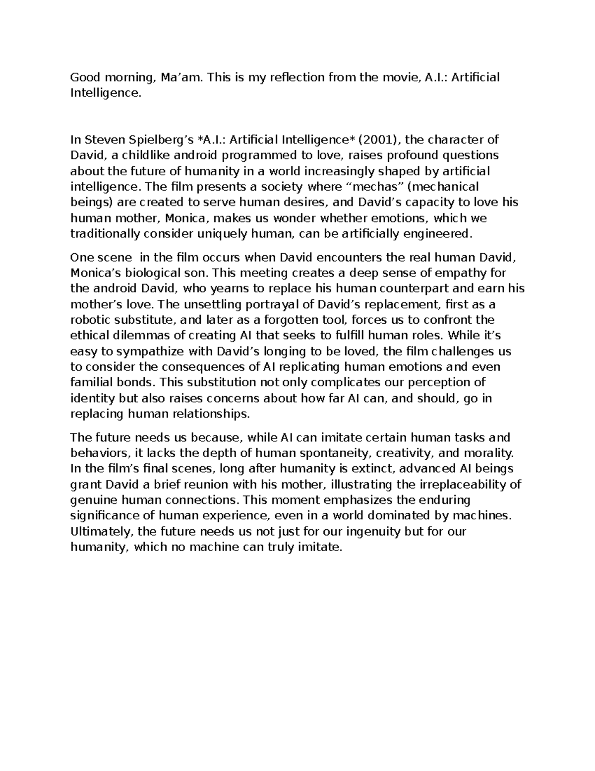 AI - Essay Reflection on *A.: Artificial Intelligence* and Humanity ...