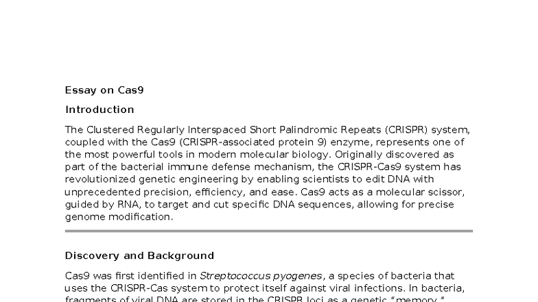 Crispr CAS9: A Comprehensive Essay on Mechanism and Applications - Studocu