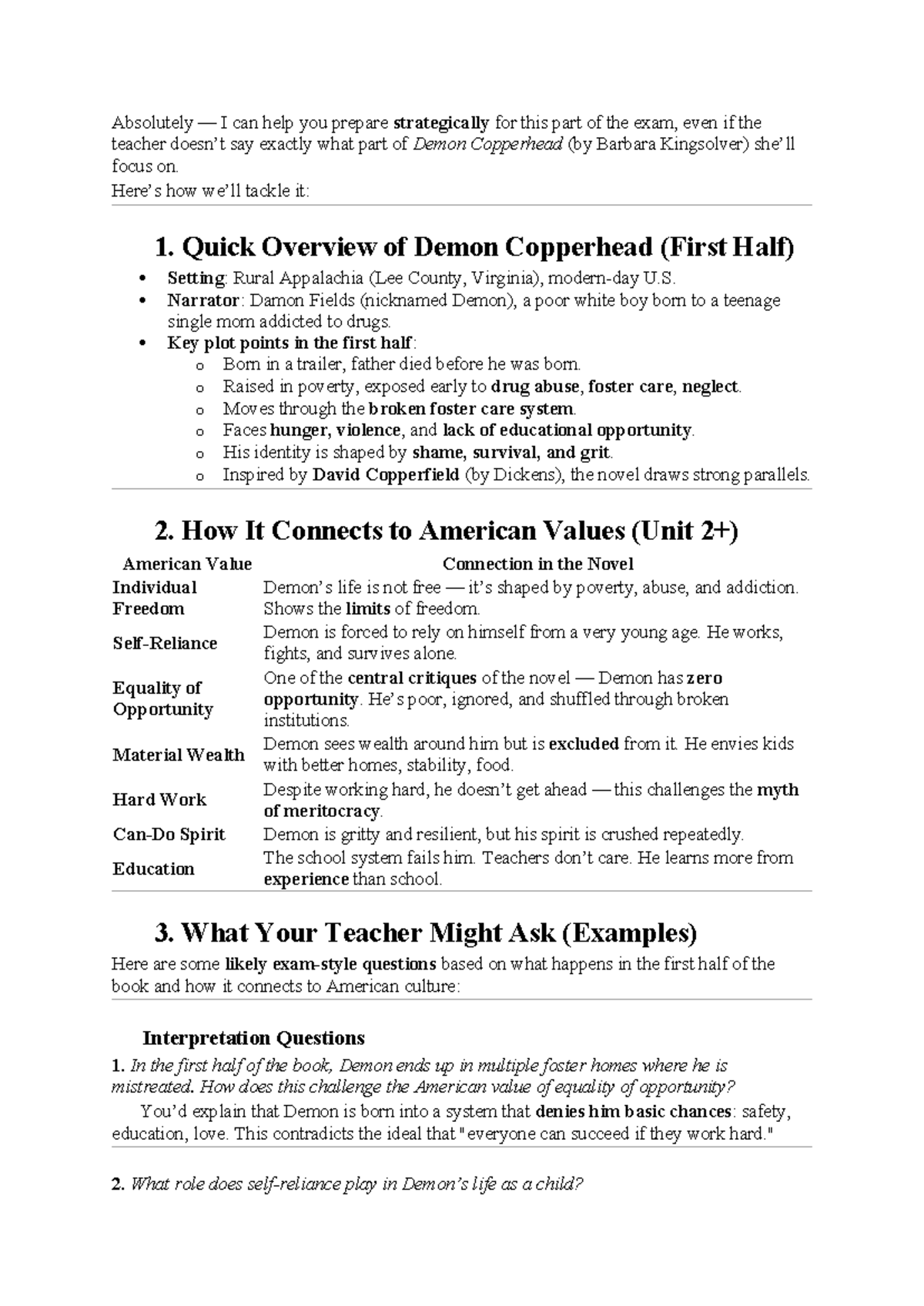 Demon Copperhead (ENG 101) Midterm Exam Study Guide: Key Themes ...