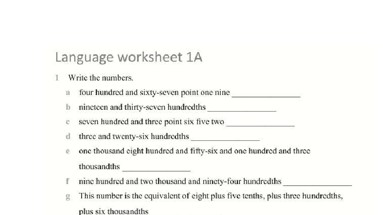 Language worksheet unit 1 - Language worksheet 1A Write the numbers. d ...