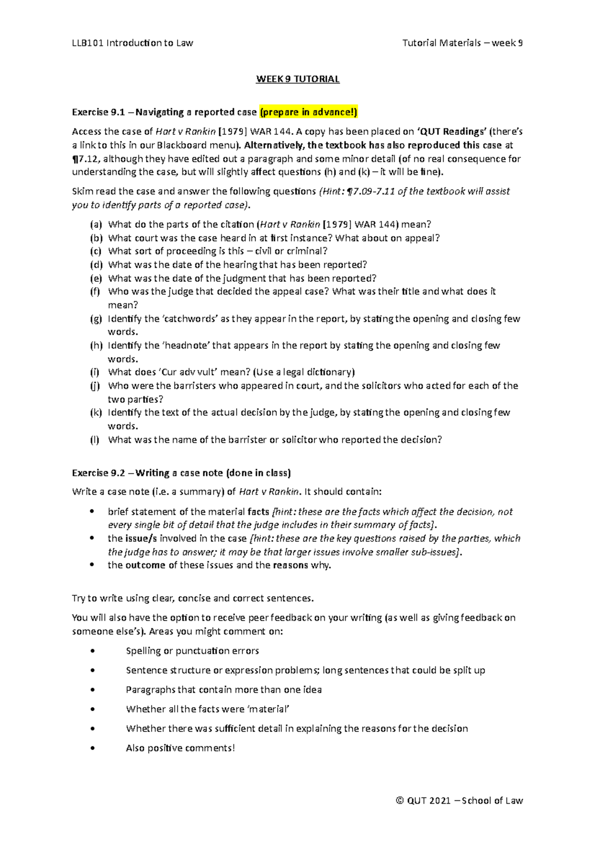 WEEK 9 Tutorial - LLB101 Introduction to Law Tutorial Materials – week ...