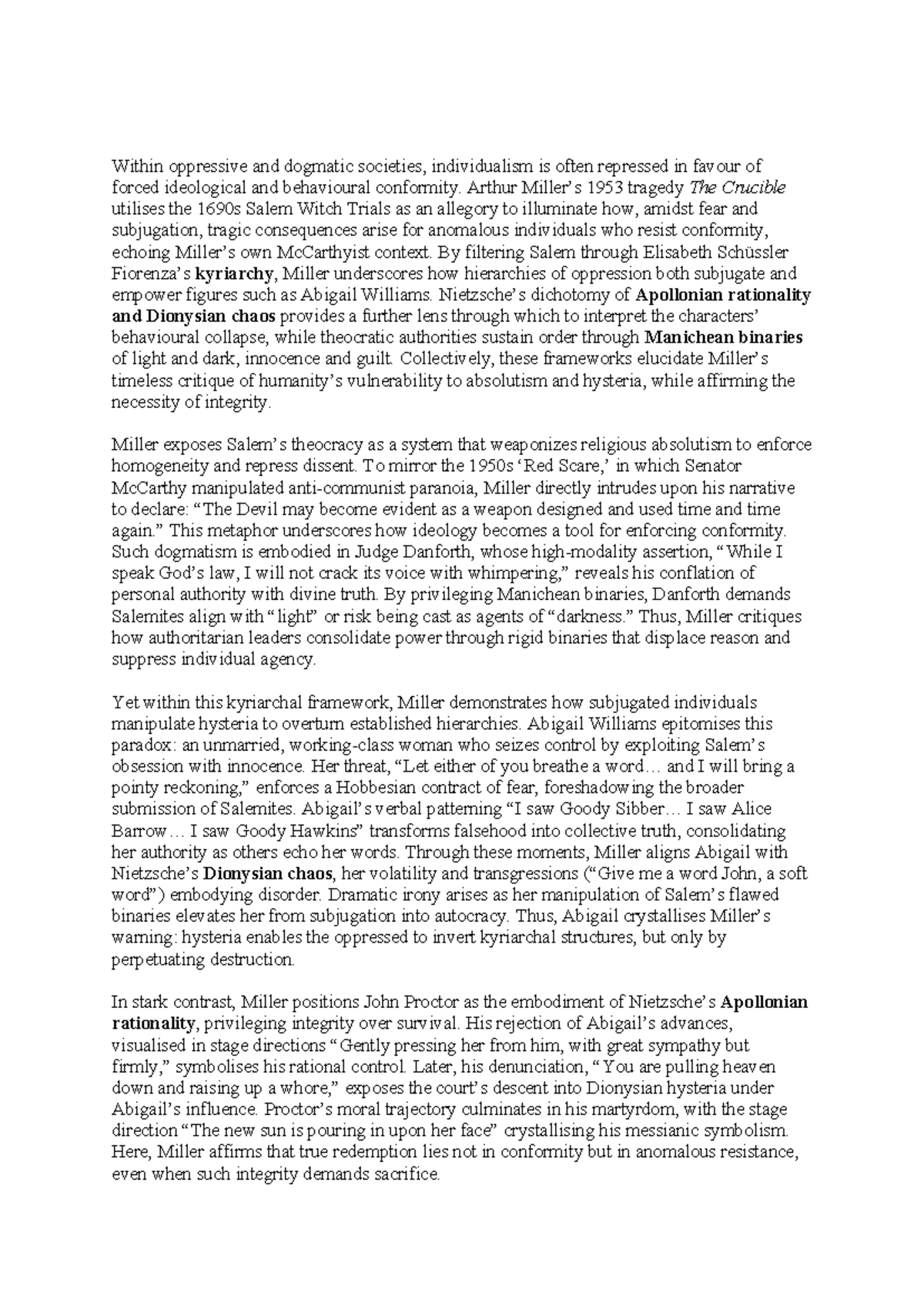 The Crucible Essay: Analyzing Individualism and Conformity in Miller's ...