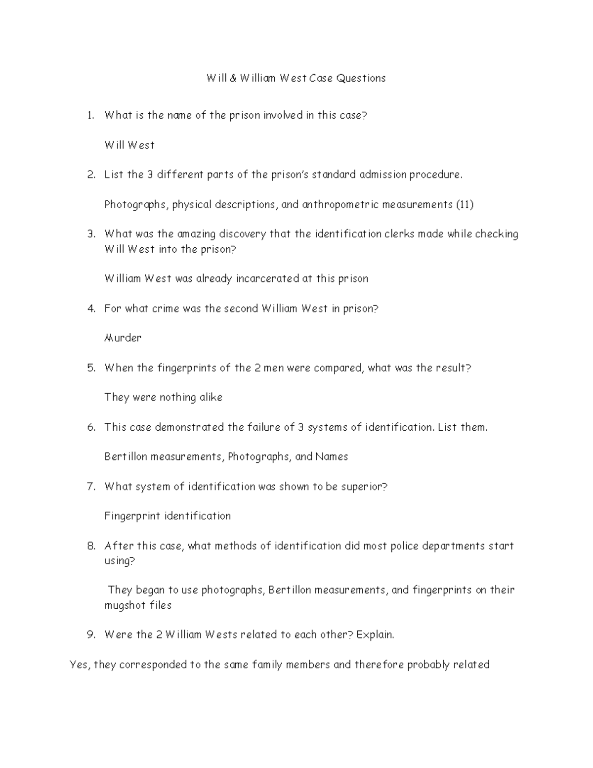 West Case Review Questions: Will & William West Identification Issues ...