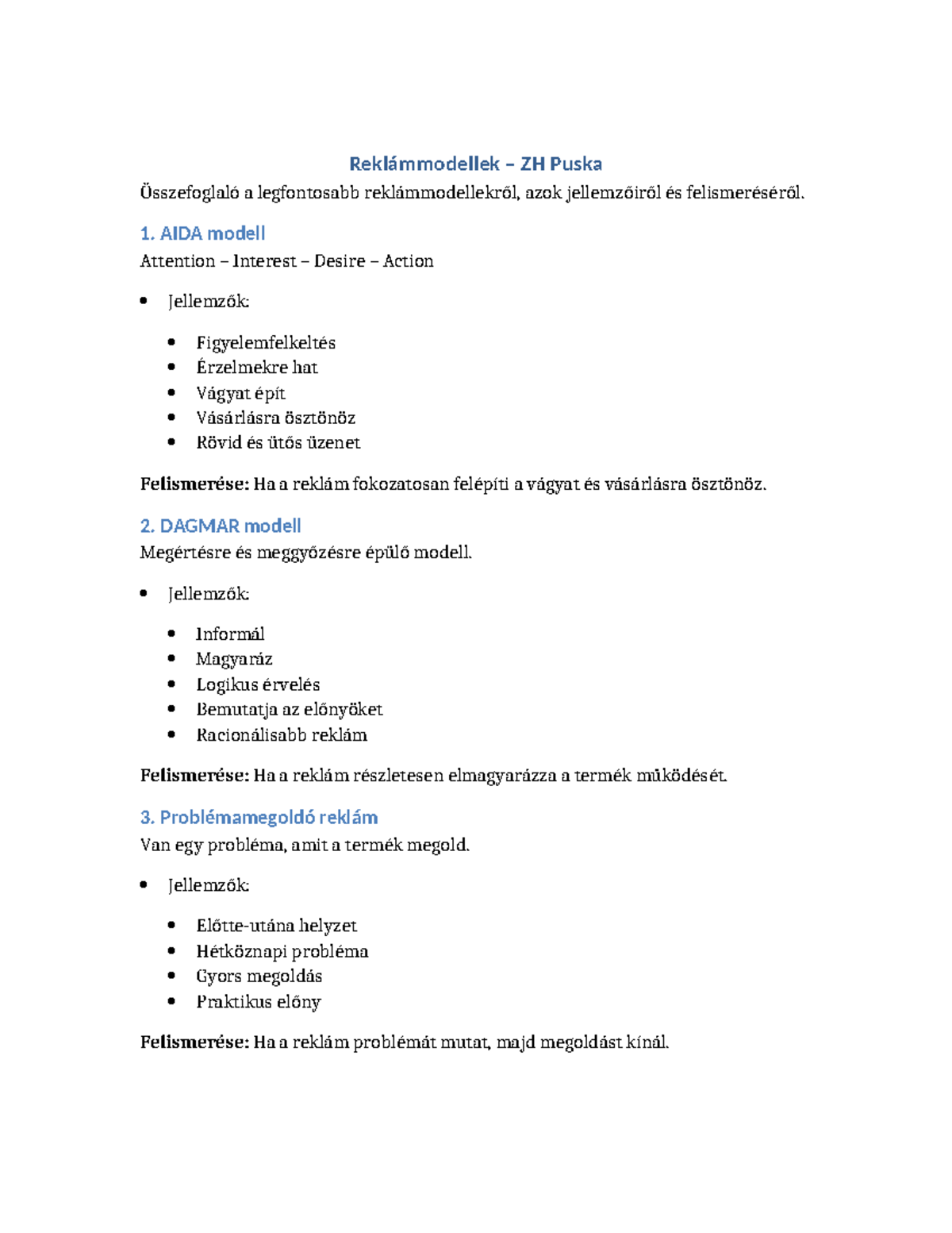 Reklámmodellek ZH Puska: Összefoglaló a Főbb Modellekről - Studocu