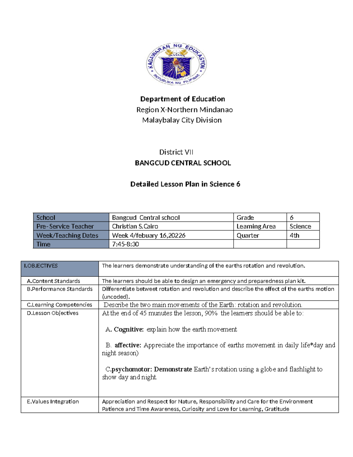 Grade 6 Science Lesson Plan: Earth's Rotation and Revolution - Studocu