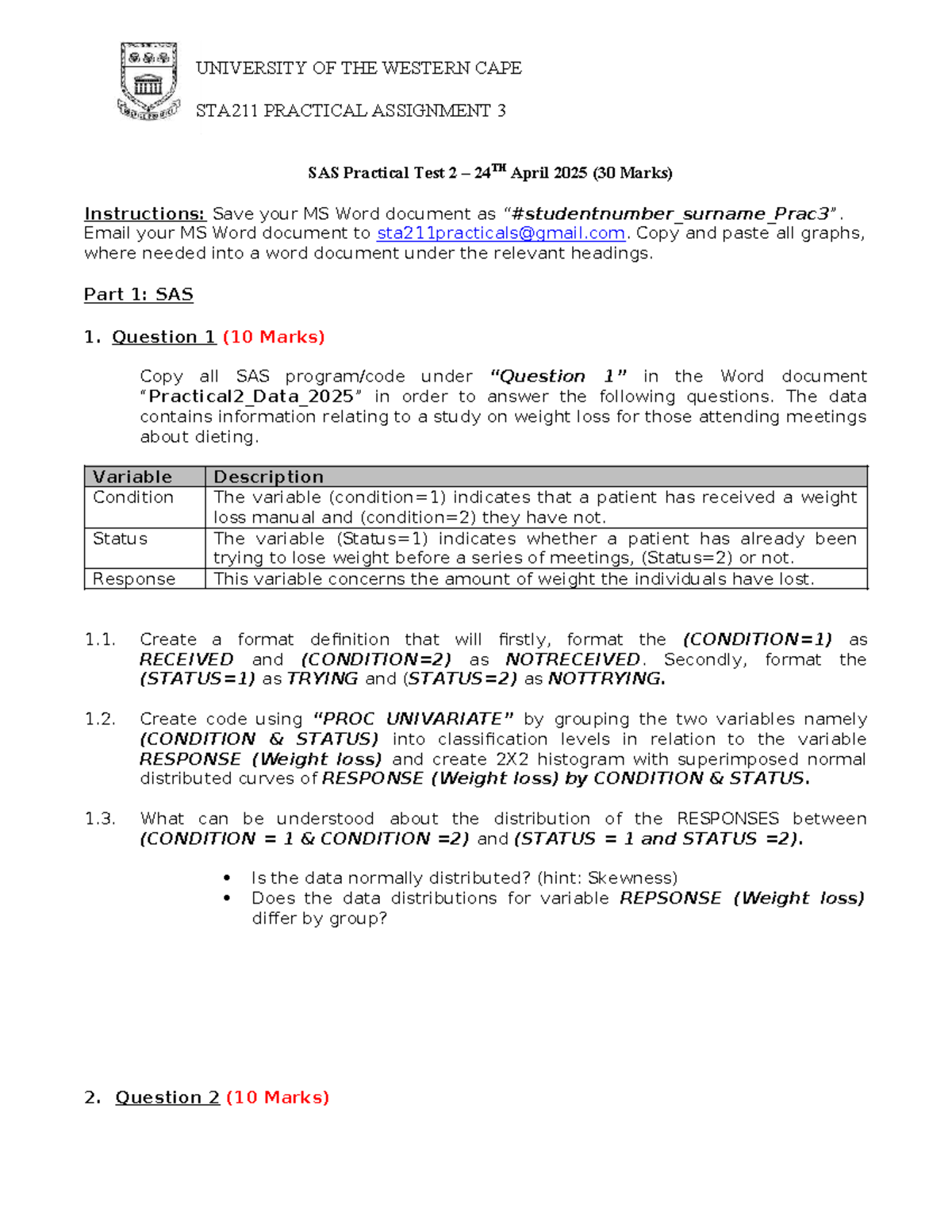 STA211 - Practical Assignment 3: SAS Practical Test 2 (April 2025 ...