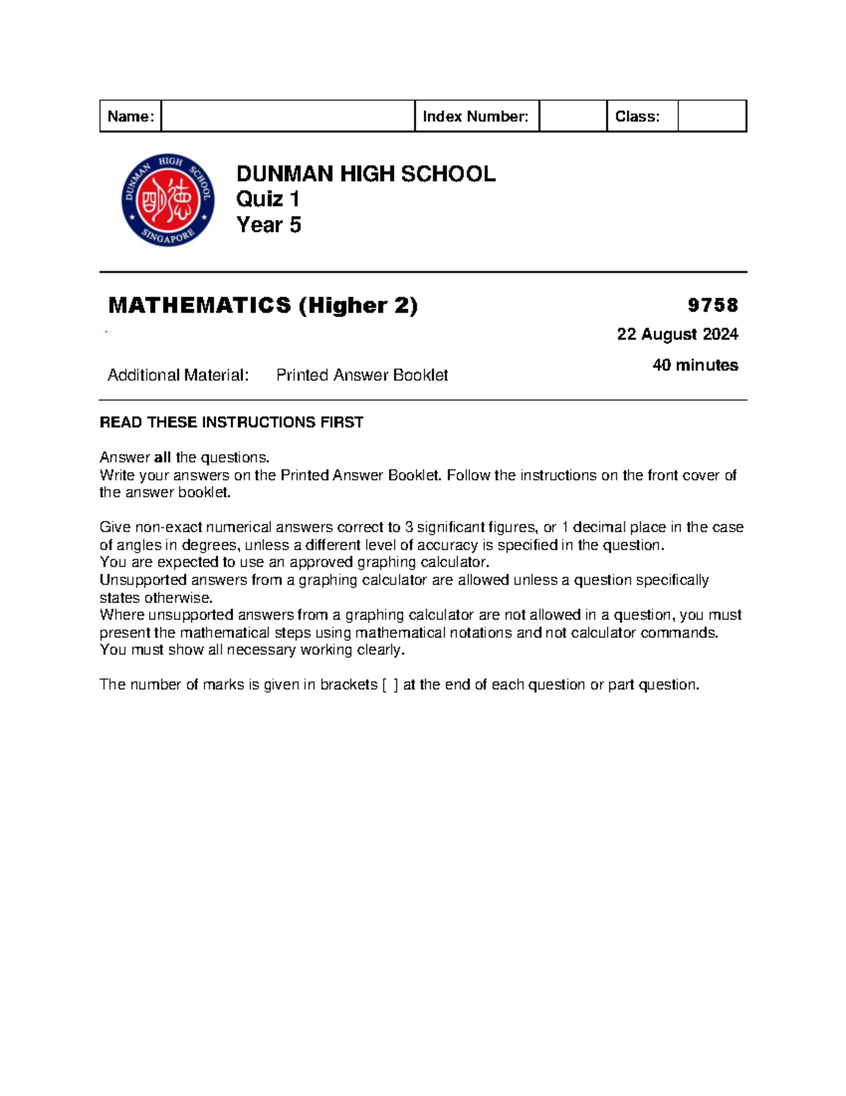 DHS Quiz 1: Sequences and Series Solutions for Year 5 Math (9758) - Studocu