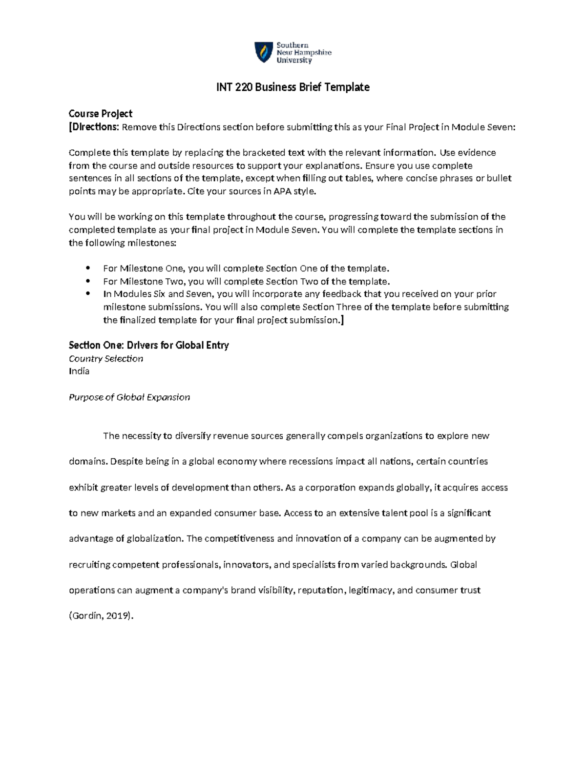 INT 220 Business Brief Template: Milestone 1 Submission - Studocu