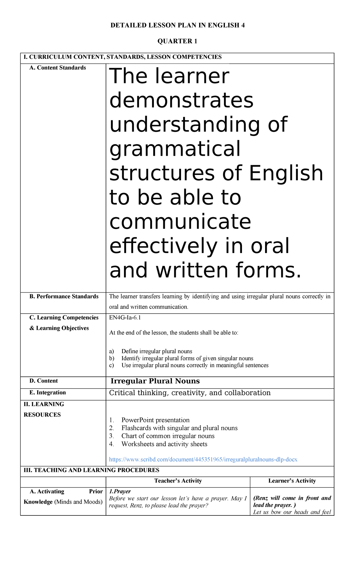 DETAILED LESSON PLAN: IRREGULAR PLURAL NOUNS IN ENGLISH 4 - Studocu