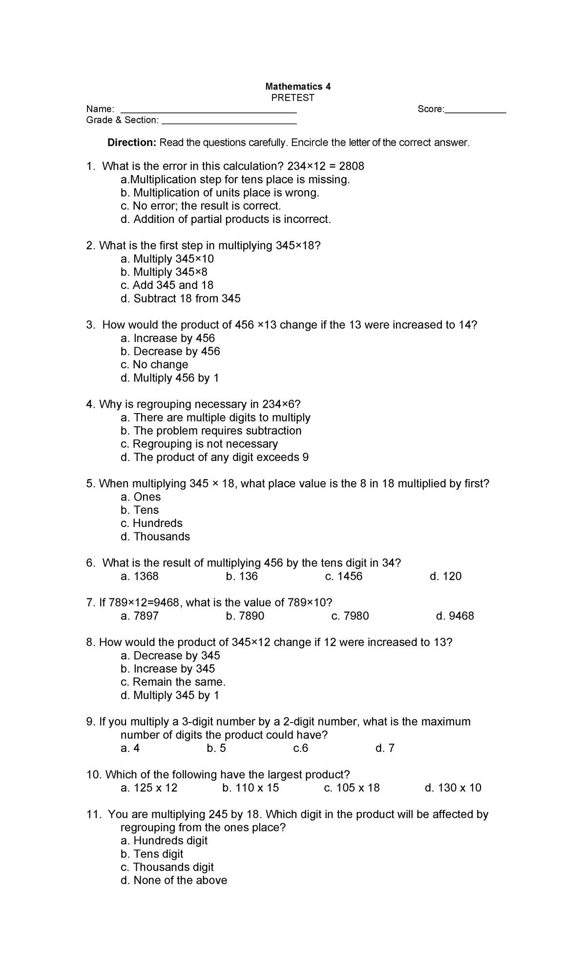 Pretest - Mathematics 4 PRETEST Name: Score: Grade & Section: Direction ...