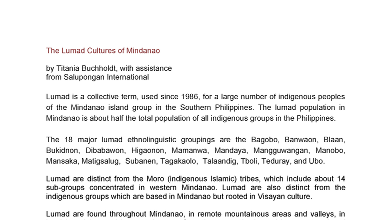 Lumad Cultures of Mindanao: A Historical Overview - Studocu