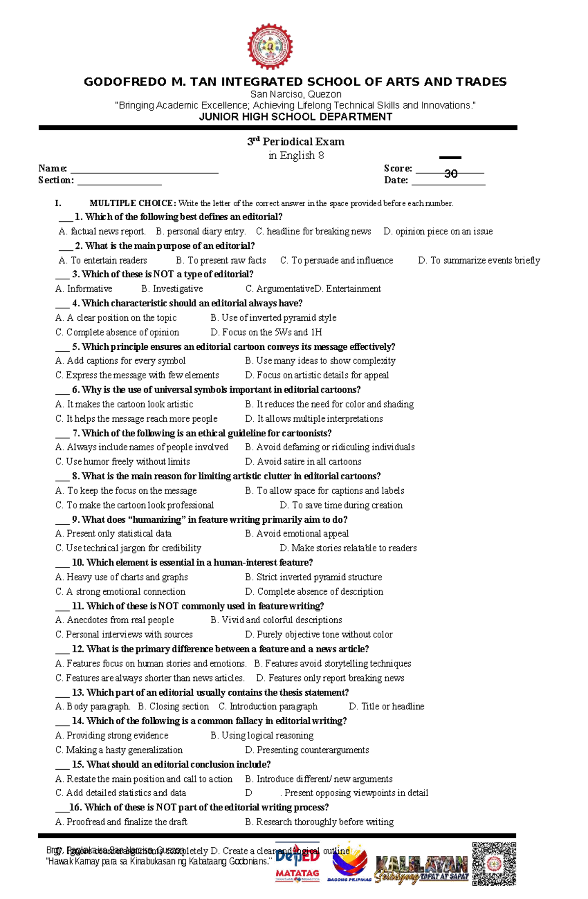 3rd Periodical Exam in English 8 (ENG8) - Editorial Writing - Studocu