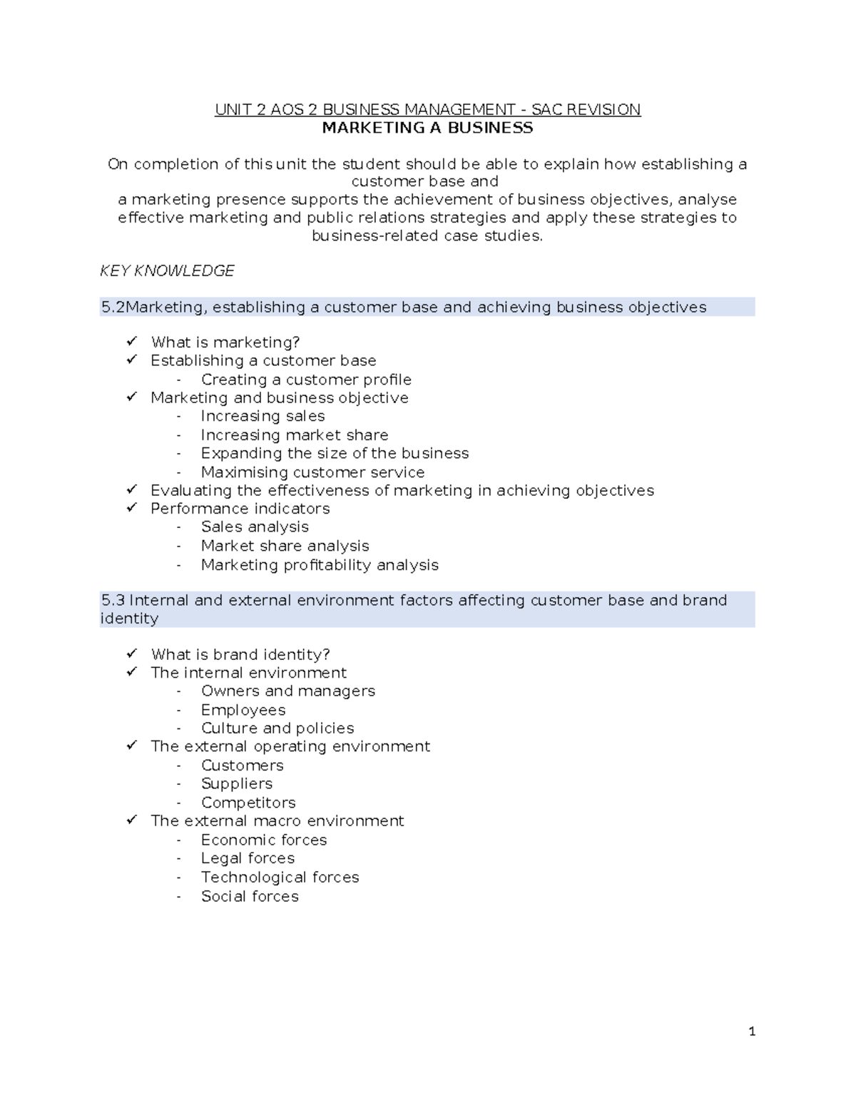 UNIT 2 AOS 2 Business Management SAC 2 Revision: Marketing Strategies ...