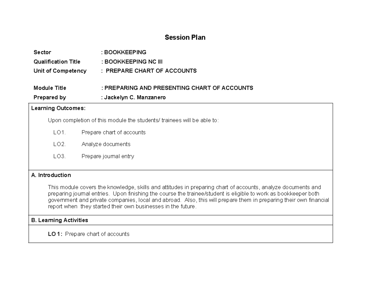 Session Plan for Bookkeeping NC III: Preparing Chart of Accounts - Studocu