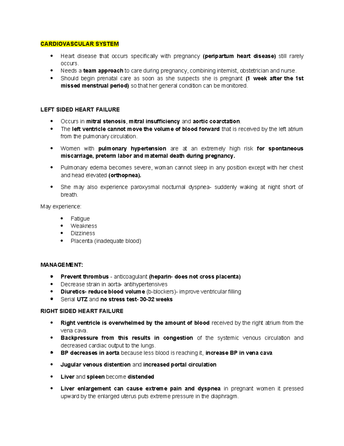 Abnormal Cardiovascular Changes in Pregnancy: OB Notes for Class - Studocu