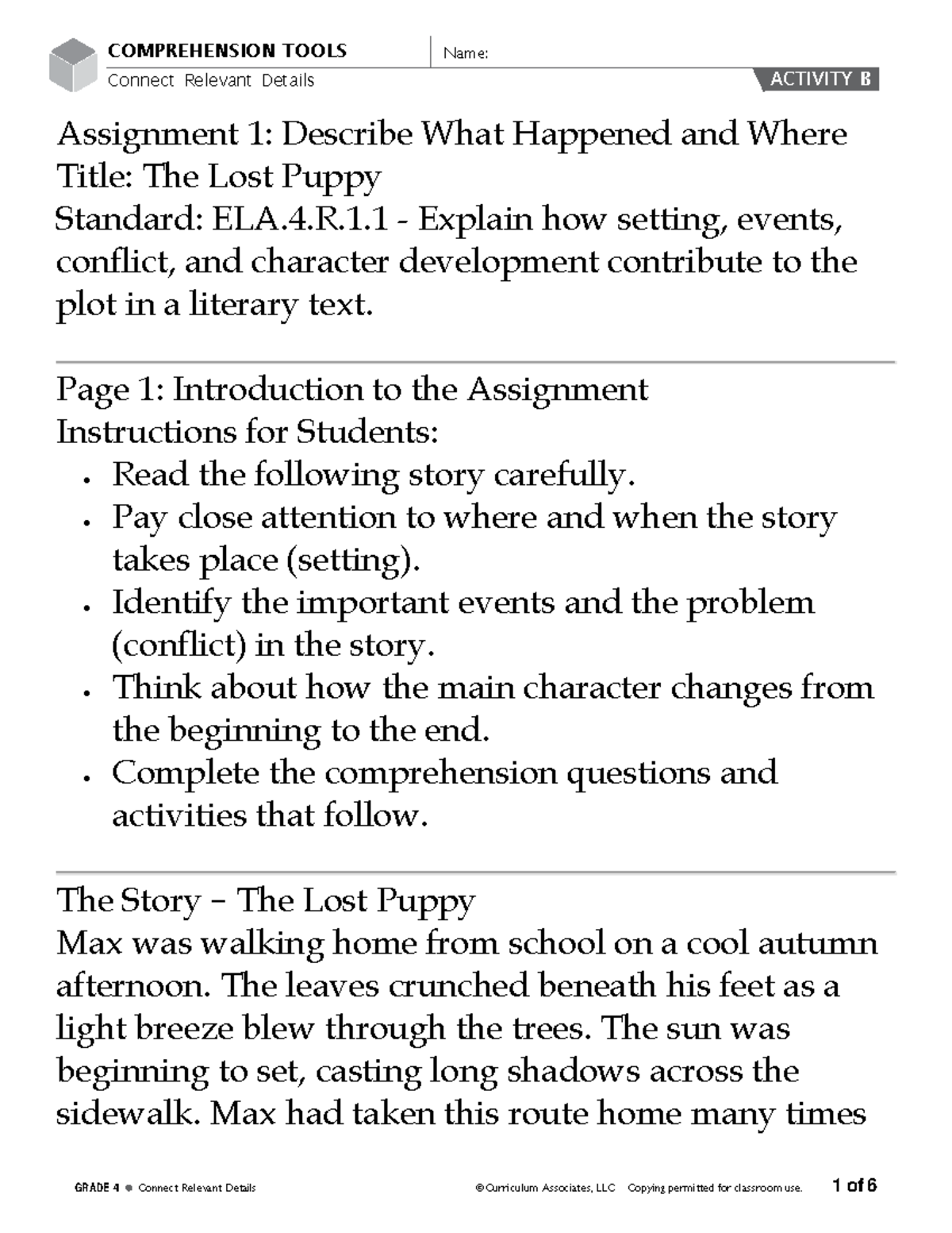 ELA.4.R.1.1 Comprehension Tools: The Lost Puppy Activity B - Studocu
