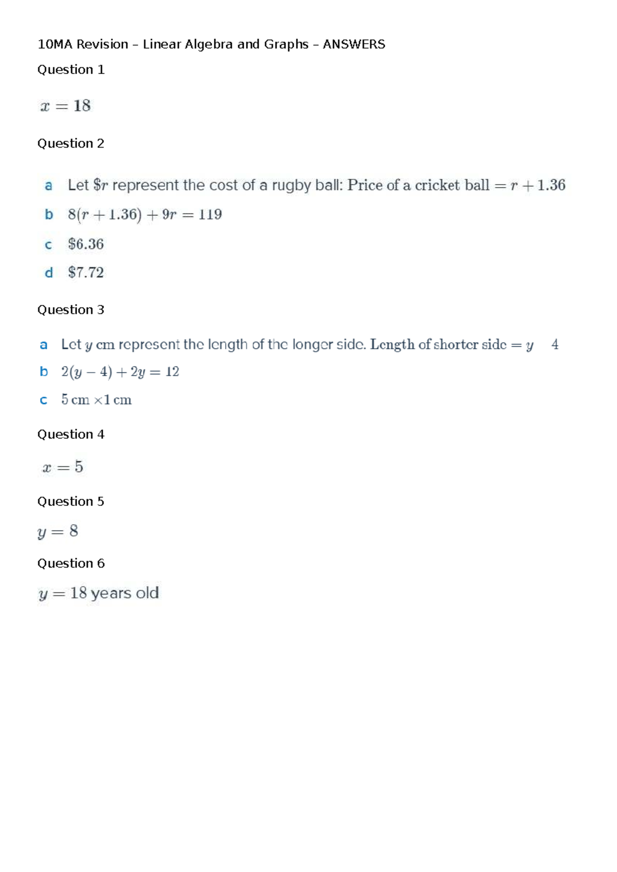 10MAA Solving Equations Revision 1 Answers - 10MA Revision – Linear ...