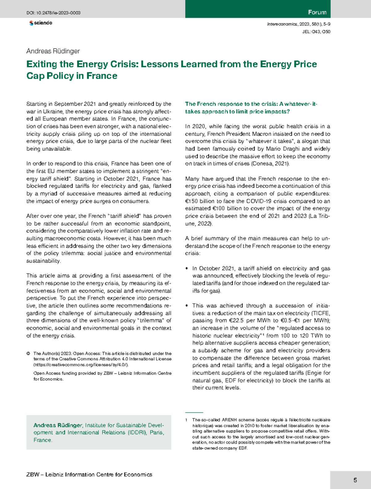 Intereconomics 2023: Lessons from France's Energy Price Cap Policy ...