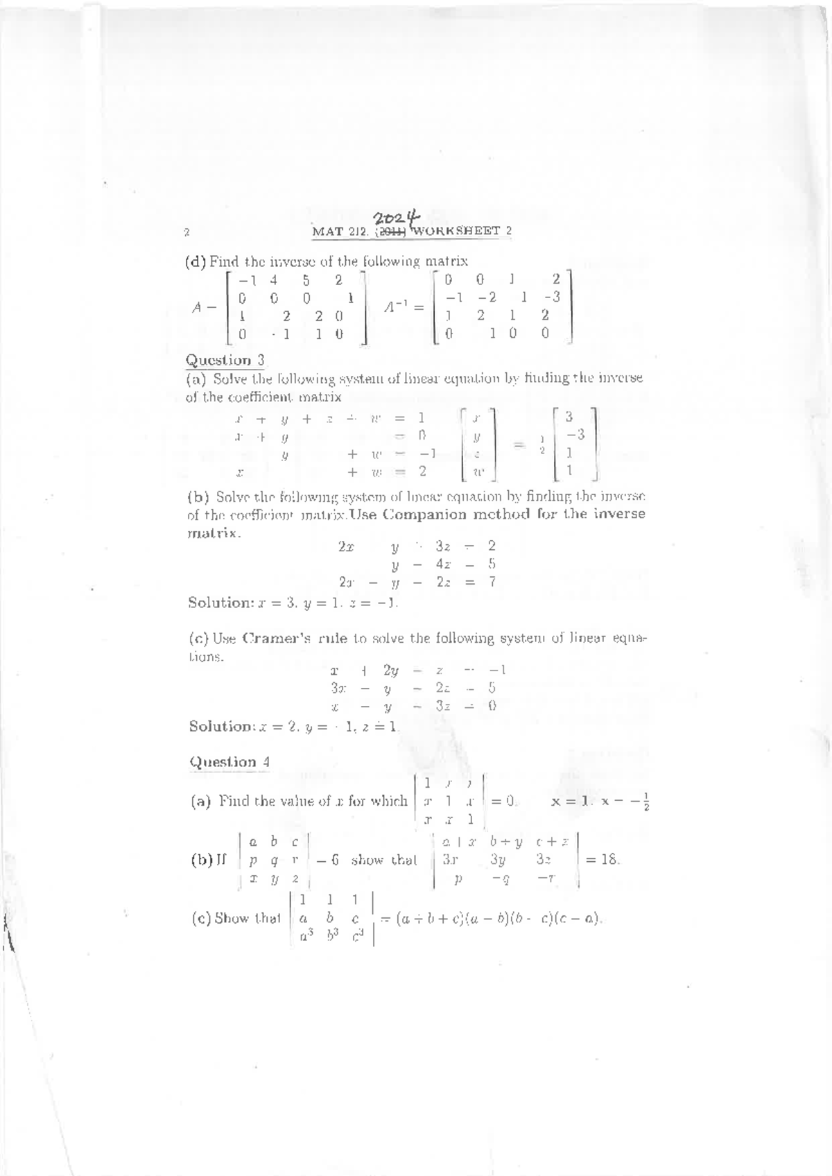 MAT 212 Worksheet 2: Inverse Matrices & Linear Equations Solutions ...