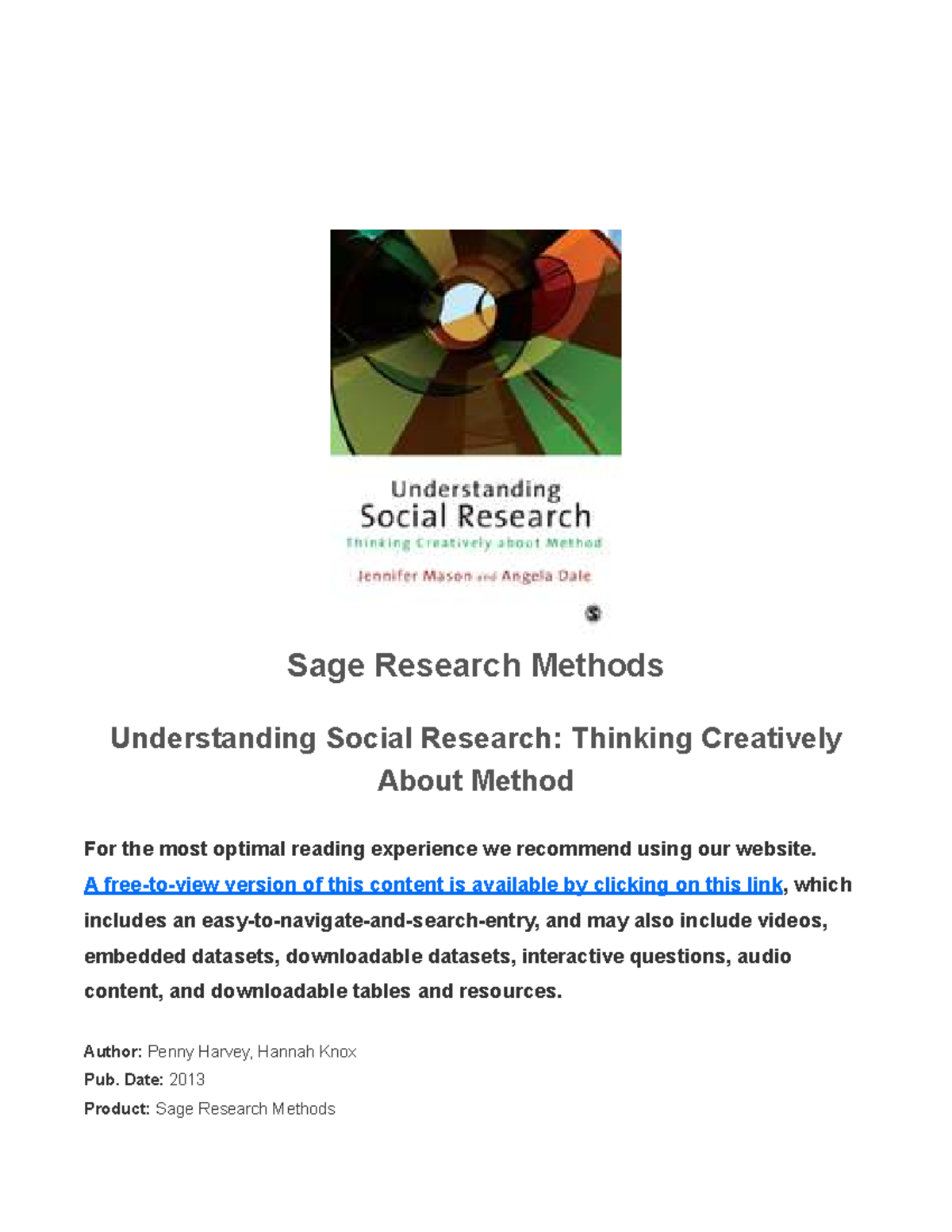 Mason & Dale - 2011 - Understanding Social Research Methods - Studocu