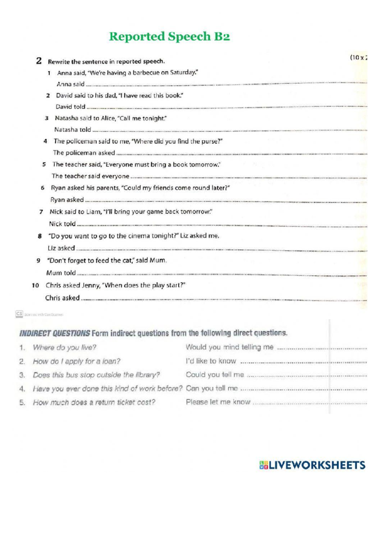 Reported Speech B2 Worksheet: Indirect Questions & Answers - Studocu