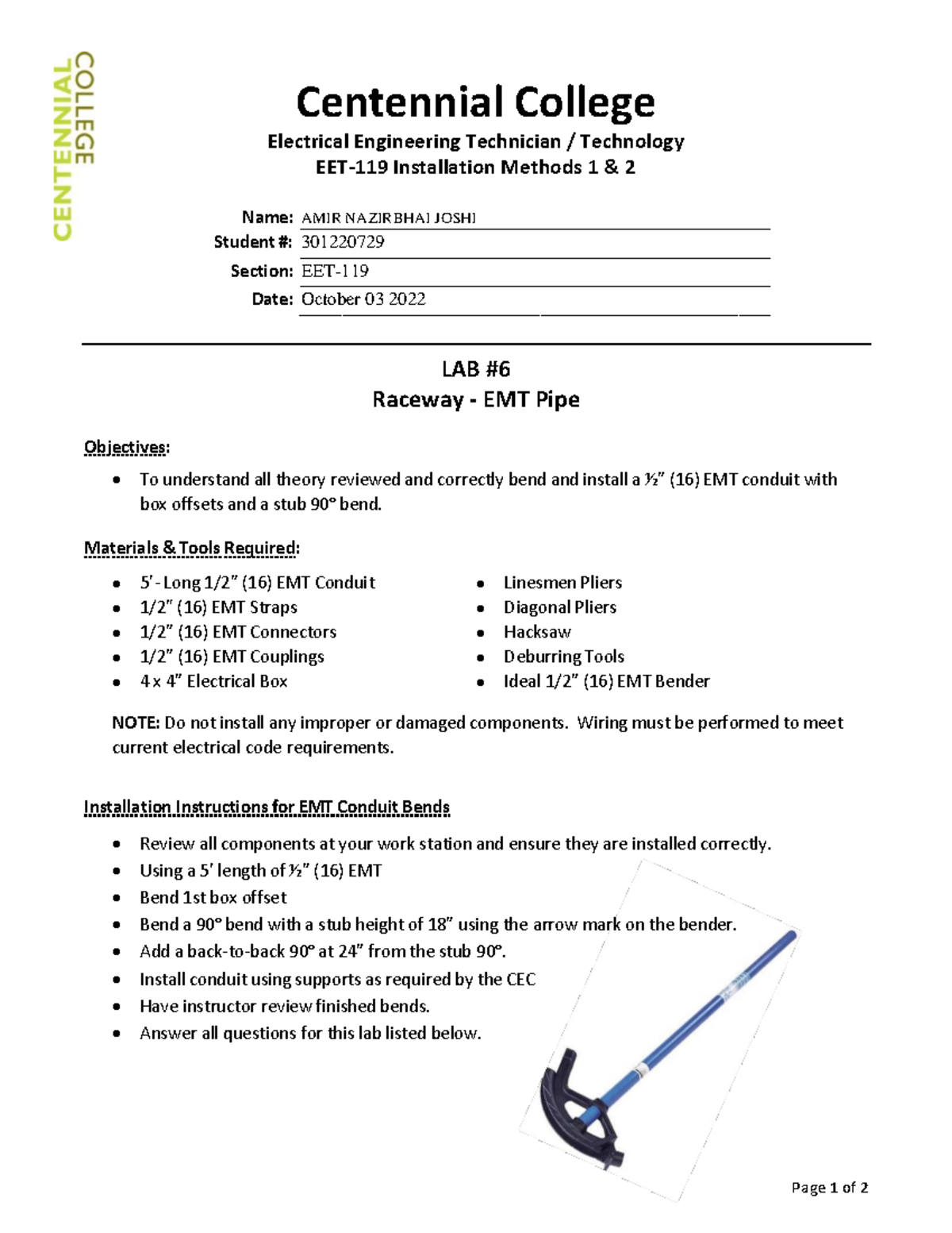 EET-119 Lab 6: EMT Pipe Raceway Installation & Bending Techniques - Studocu