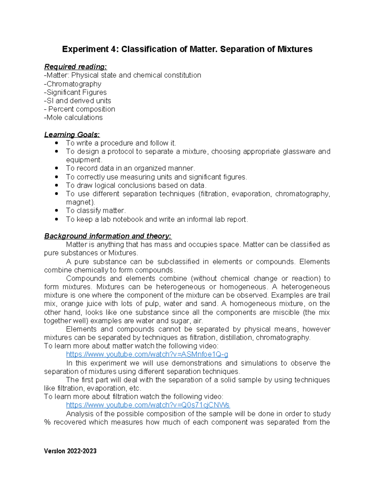 Experiment 4: Classification of Matter and Separation Techniques - Studocu