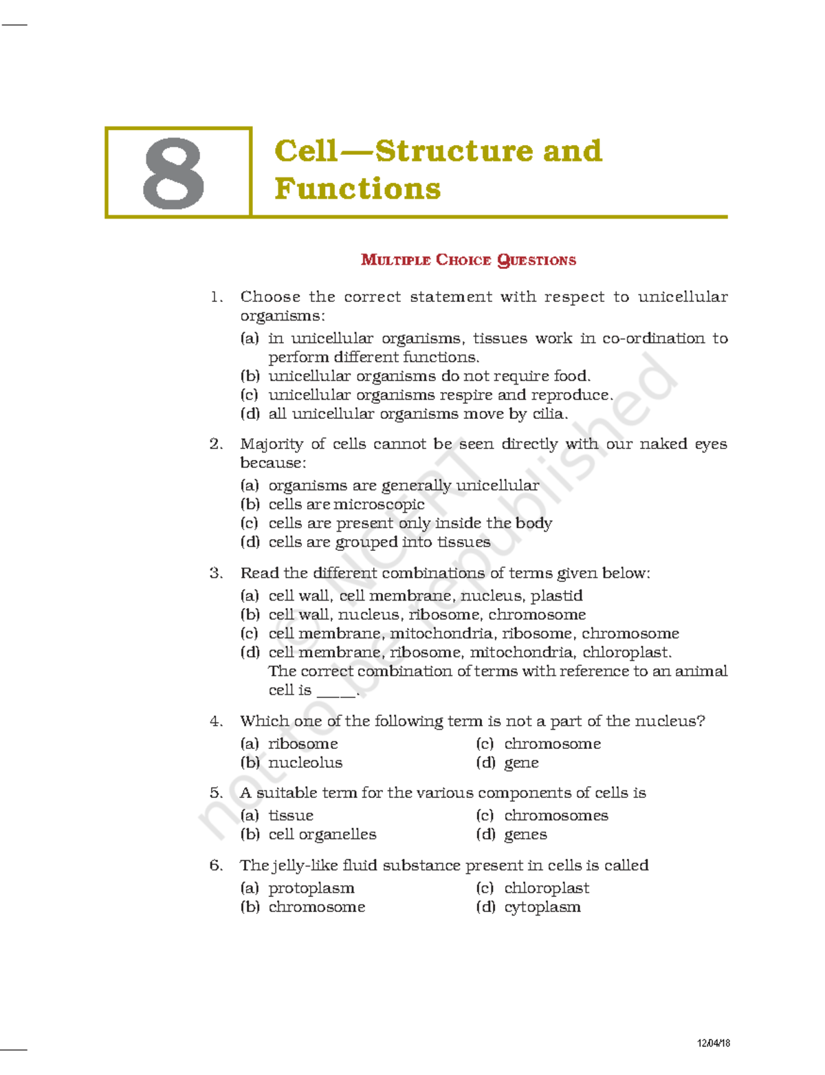 Chapter 8: Cell Structure and Function MCQs (40 Exemplars) - Studocu