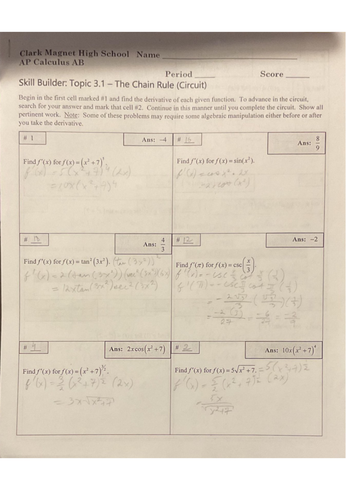 AP Calculus AB Skill Builder: Topic 3.1 - The Chain Rule Exercise - Studocu