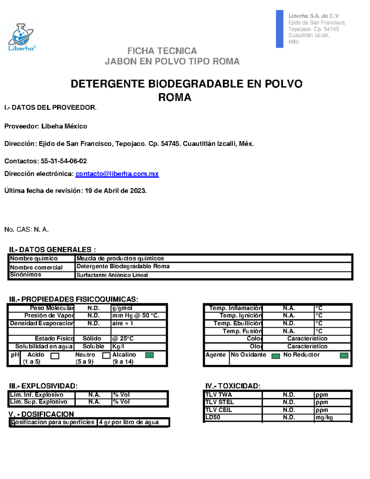FT Jabon ROMA: Ficha Técnica del Detergente Biodegradable - Studocu