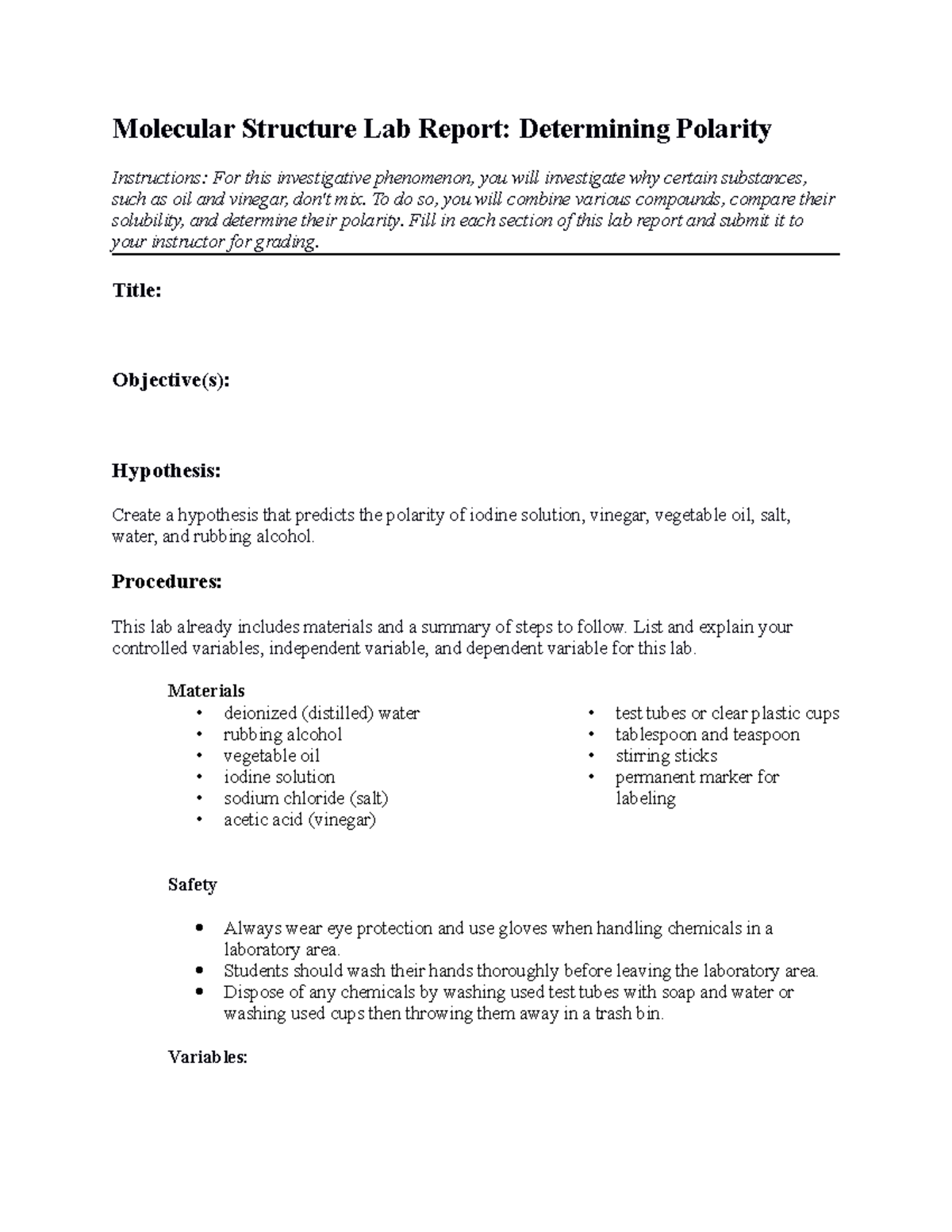 Lab report - do your - Molecular Structure Lab Report: Determining ...