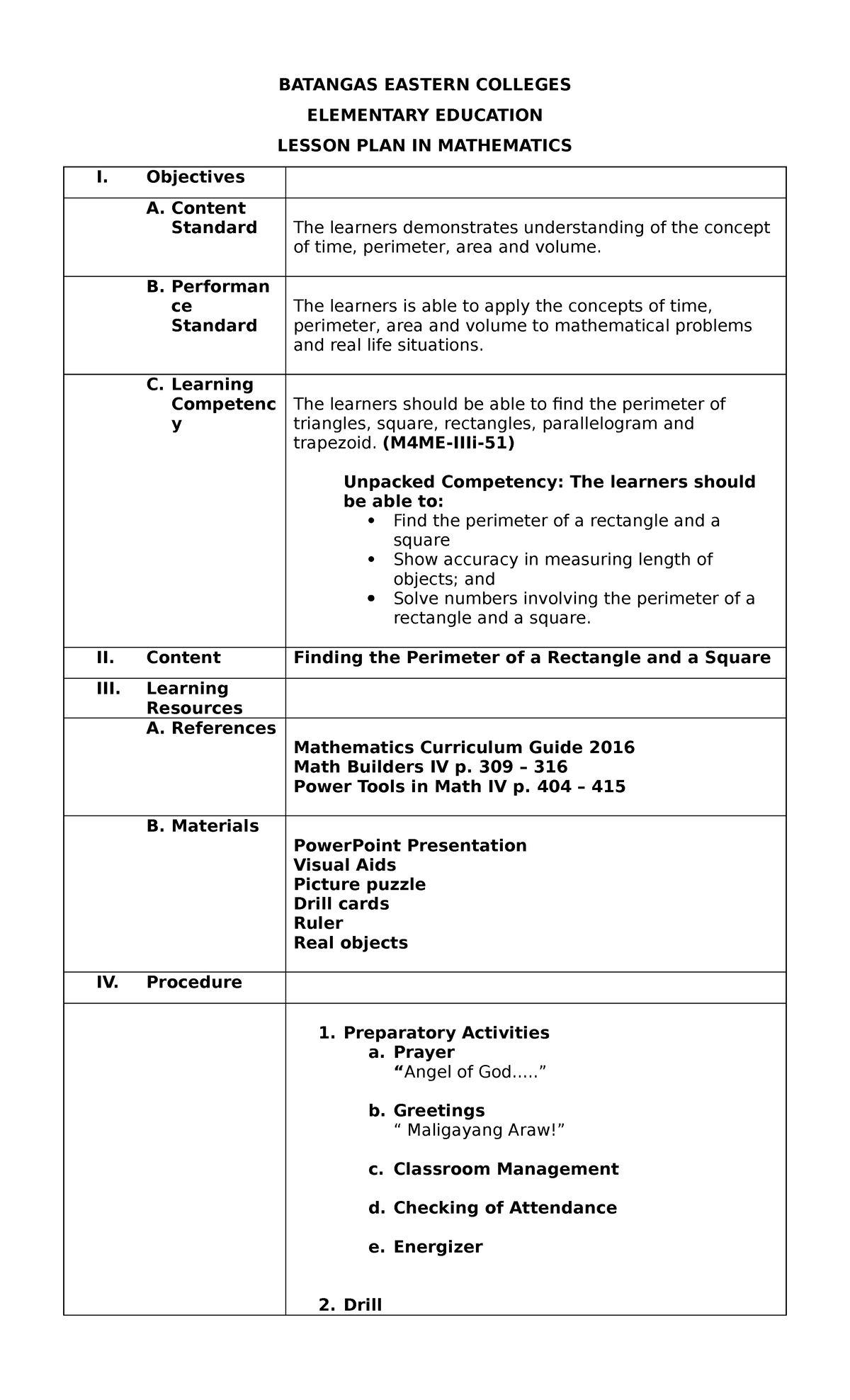 Mathematics 4 - Lesson Plan on Perimeter and Area Concepts - Studocu