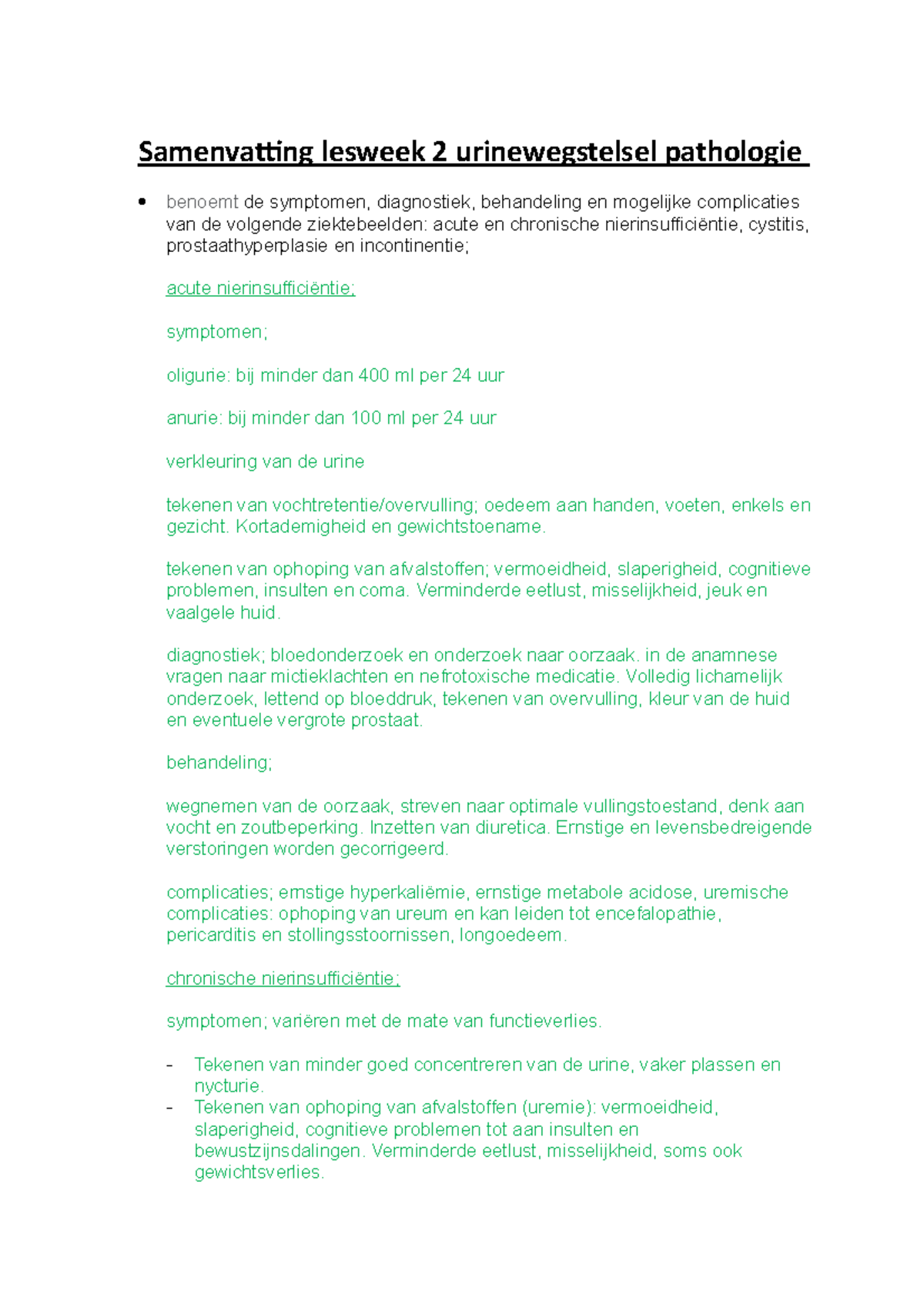 Samenvatting lesweek 2 urinewegstelsel pathologie - Samenvatting lesweek 2 urinewegstelsel ...