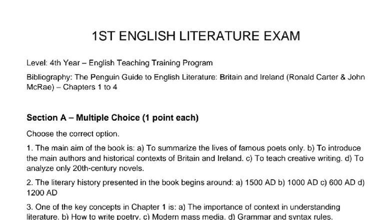 1ST ENGLISH LITERATURE FINAL EXAM - 4TH YEAR ENGLISH TEACHING - Studocu