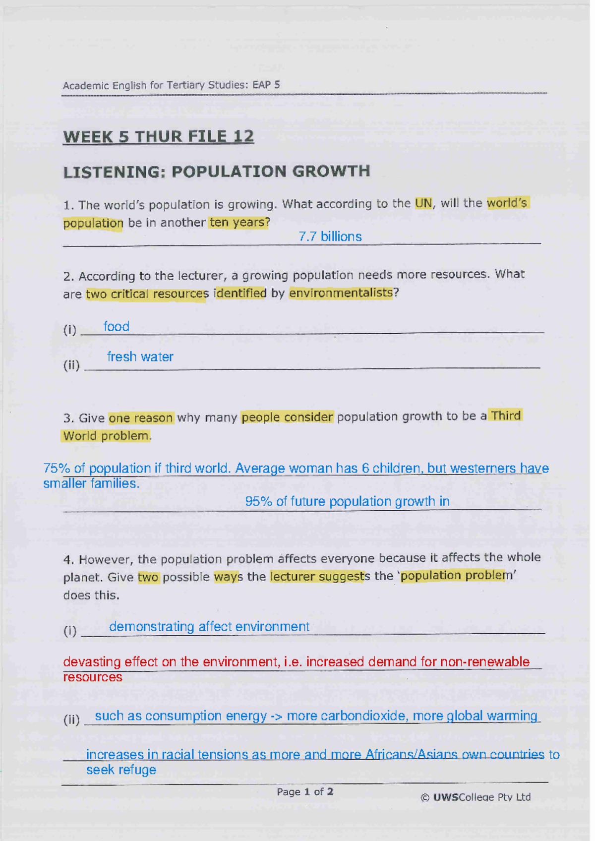 EAP5 Week 5 Thu F12 - Listening Activity on Population Growth Answers ...
