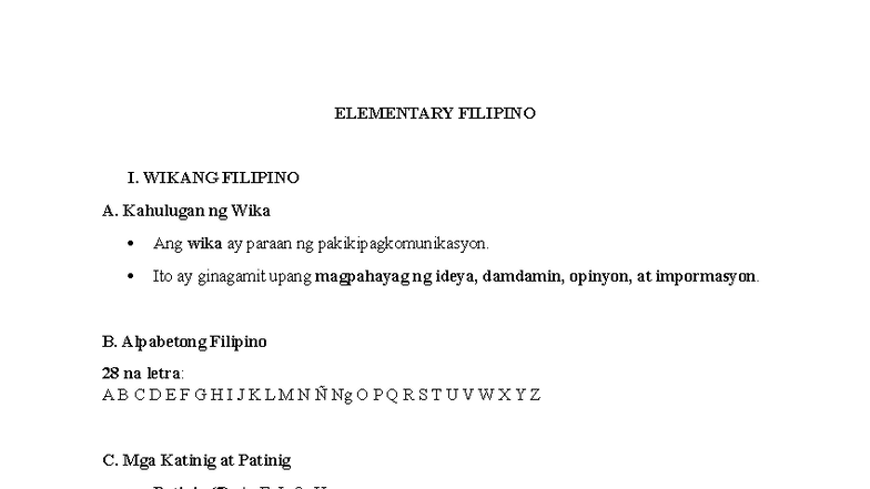 ELEMENTARY FILIPINO I: Basic Language Concepts and Skills - Studocu