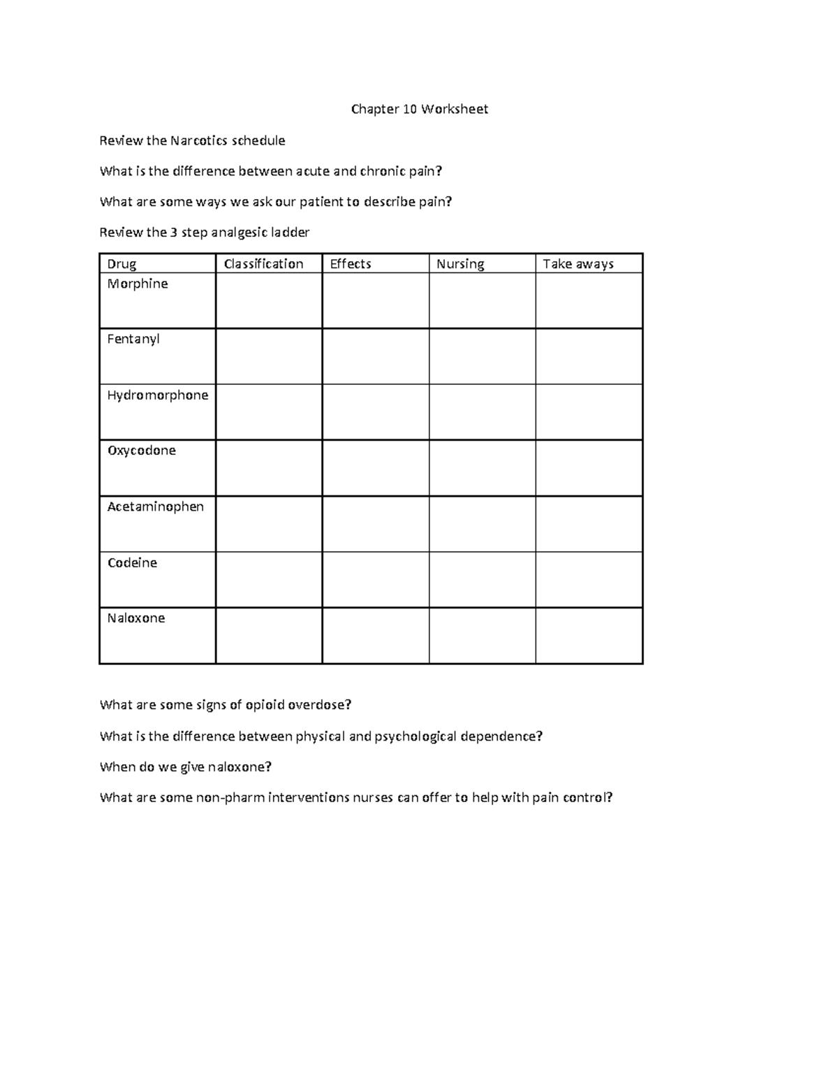 Chapter 10 Worksheet - Chapter 10 Worksheet Review the Narcotics ...