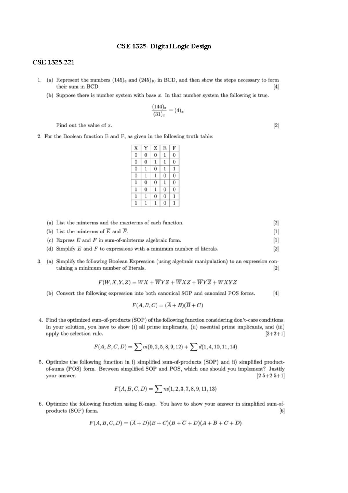 Sample Problem for Mid-Term - Digital Logic Design - CSE 1325- Digital Logic Design - Studocu