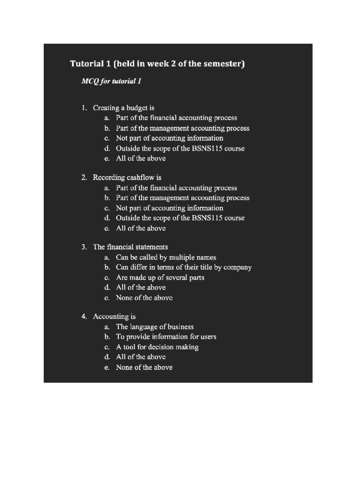 BSNS115 Week 2 Tutorial 1 MCQ Questions and Answers - Studocu