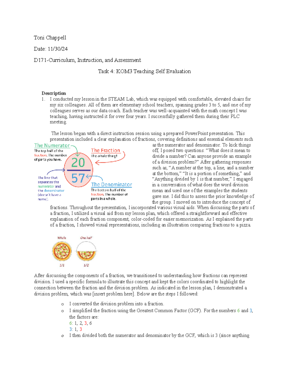 KOM3 Teaching Self Evaluation: Reflections on Fraction Instruction - Studocu