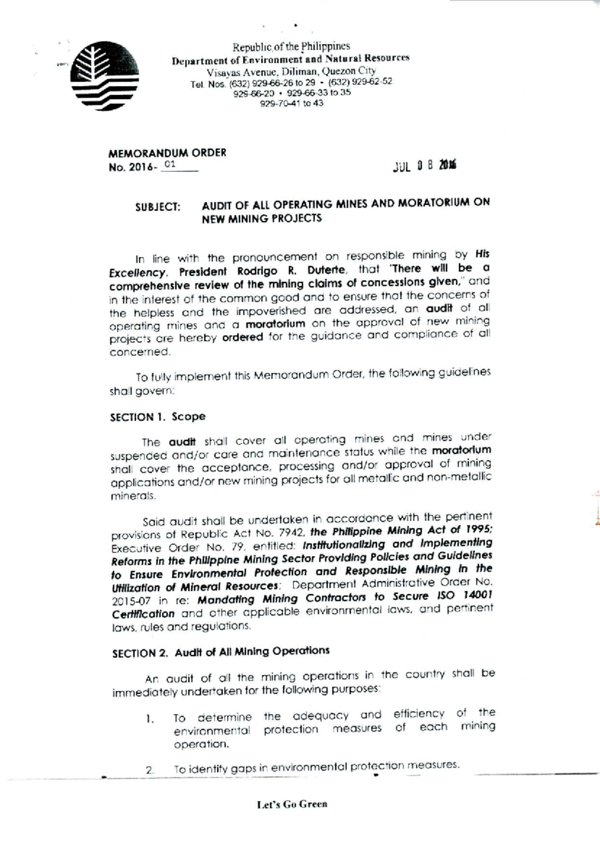 Memorandum Order No. 01: Audit of Operating Mines & Moratorium on New ...