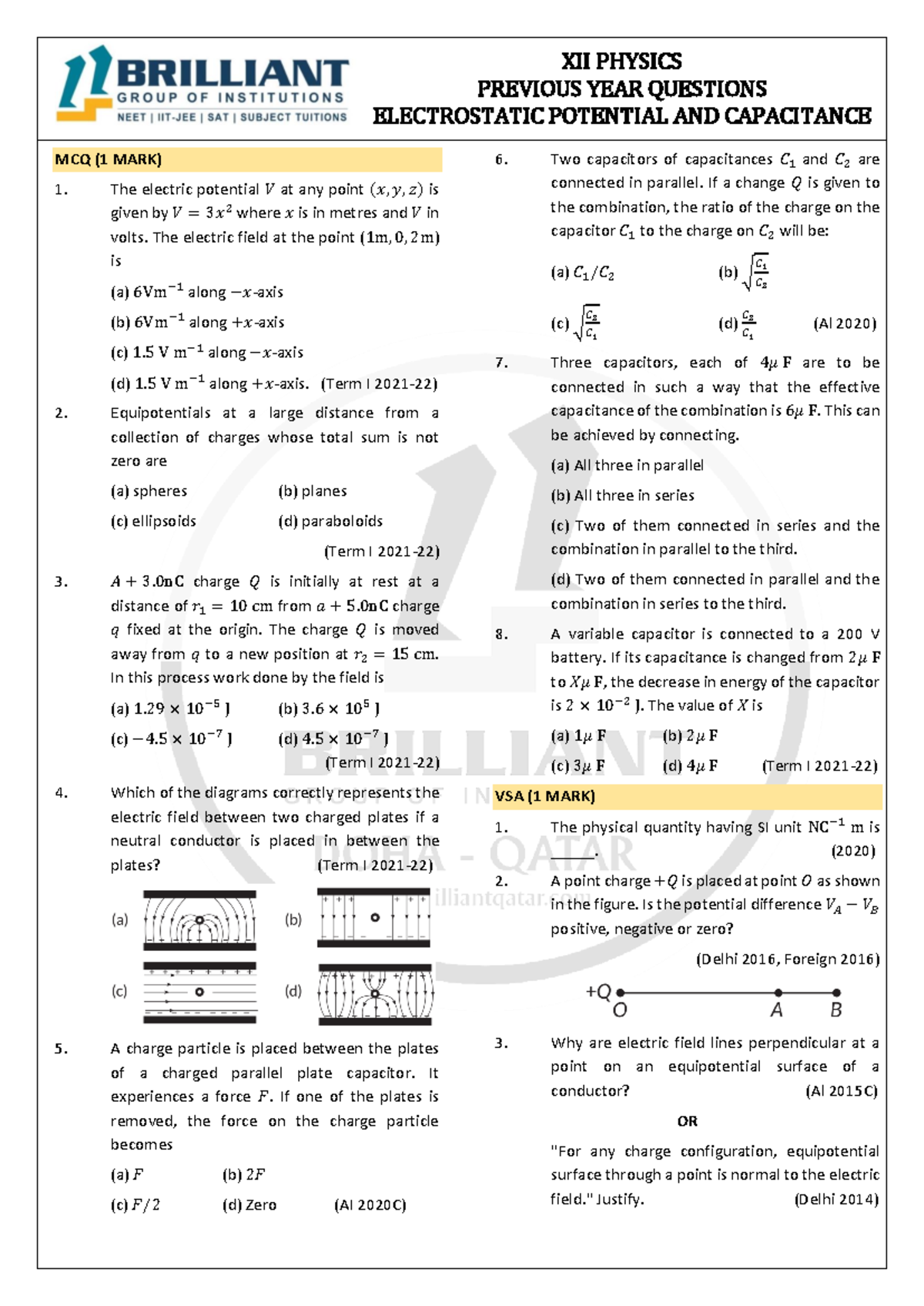 Electrostatic Potential and Capacitance: Term I 2021-22 MCQs & PYQs ...