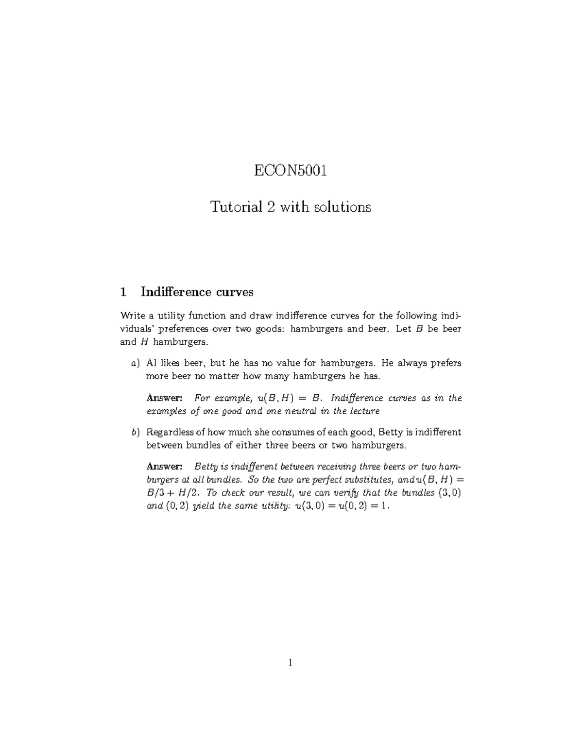 ECON5001 Tutorial 2 Solutions: Indifference Curves & Utility Functions - Studocu