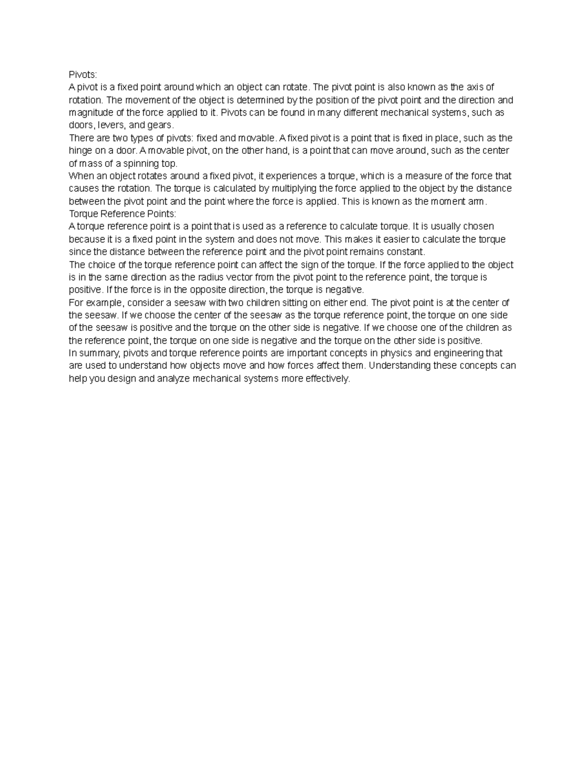 Pivots and Torque Reference Points: Key Physics Concepts - Studocu