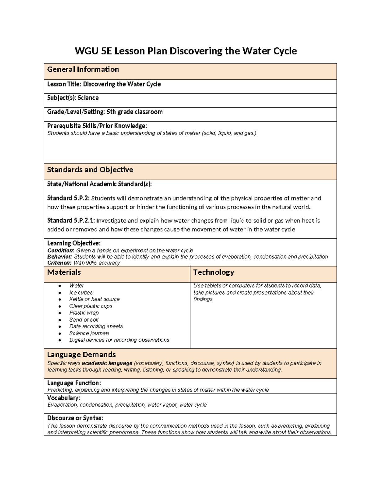 WGU 5E Lesson Plan: Water Cycle Exploration for 5th Grade Classroom ...