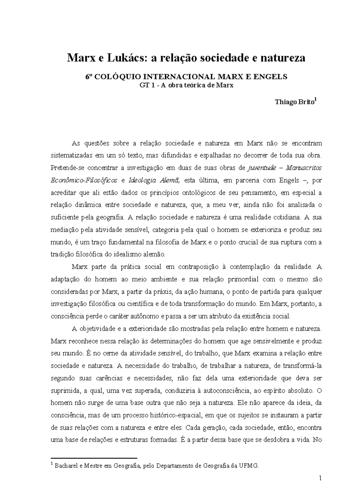 Marx e Lukács: A Relação entre Sociedade e Natureza - 6º Colóquio ...