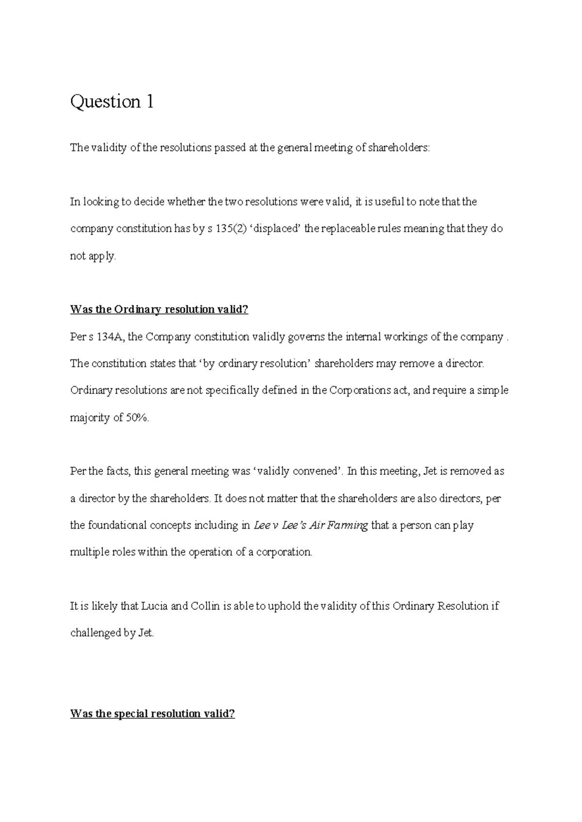 Midsemester Exam Notes: Validity of Shareholder Resolutions in ...