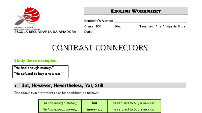 ENGLISH 10º WORKSHEET: Clauses of Contrast & Answer Key - Studocu