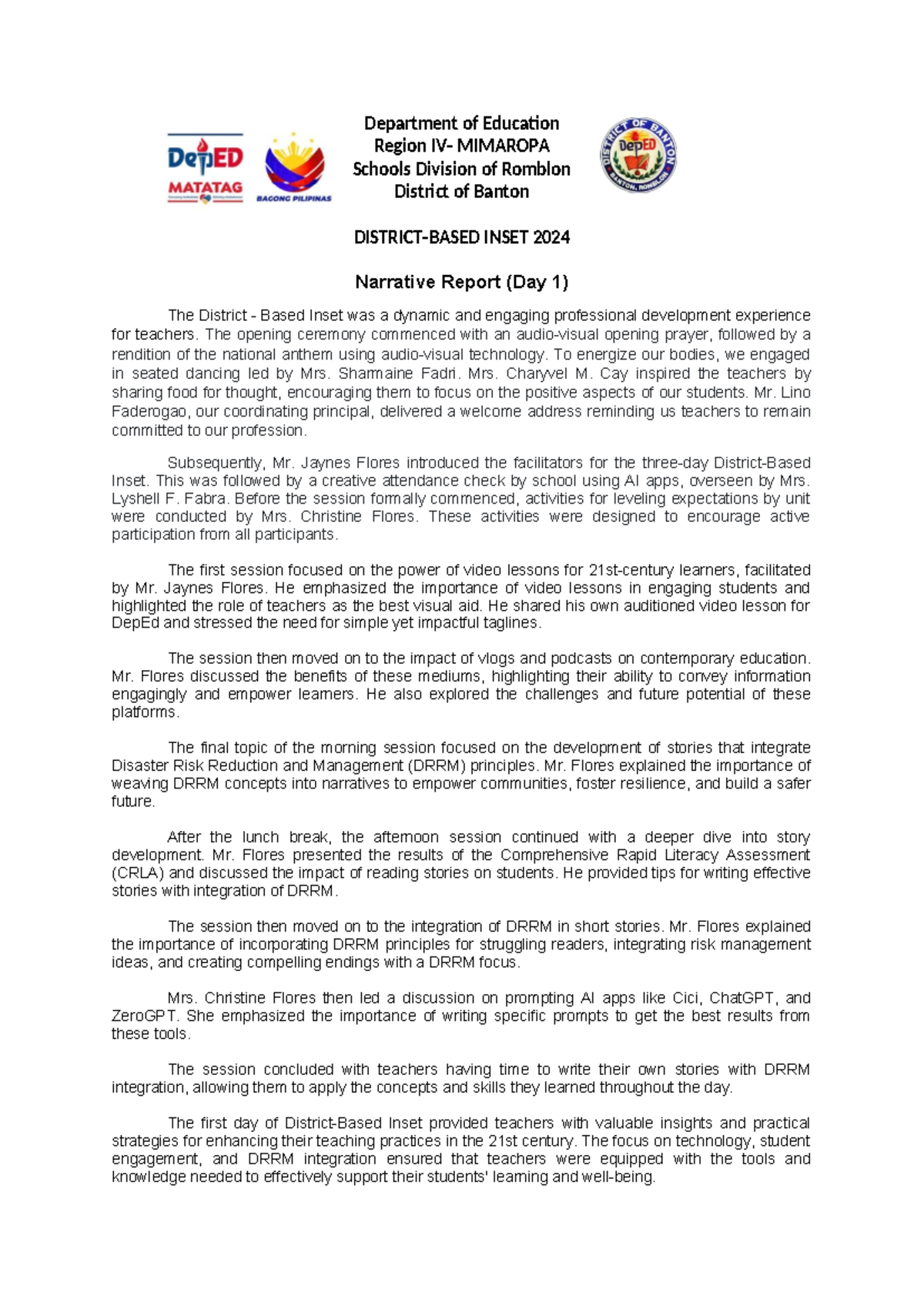 Narrative Report: District-Based Inset 2024 - Day 1 Activities - Studocu